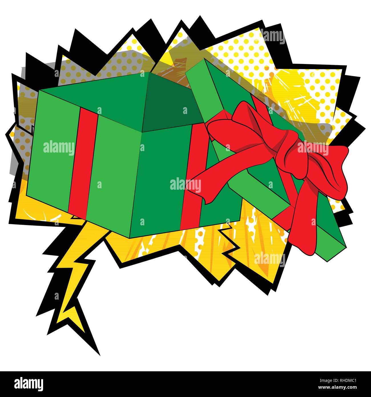 Vector cartoon opened gift box. Illustrated holiday sign on comic book ...