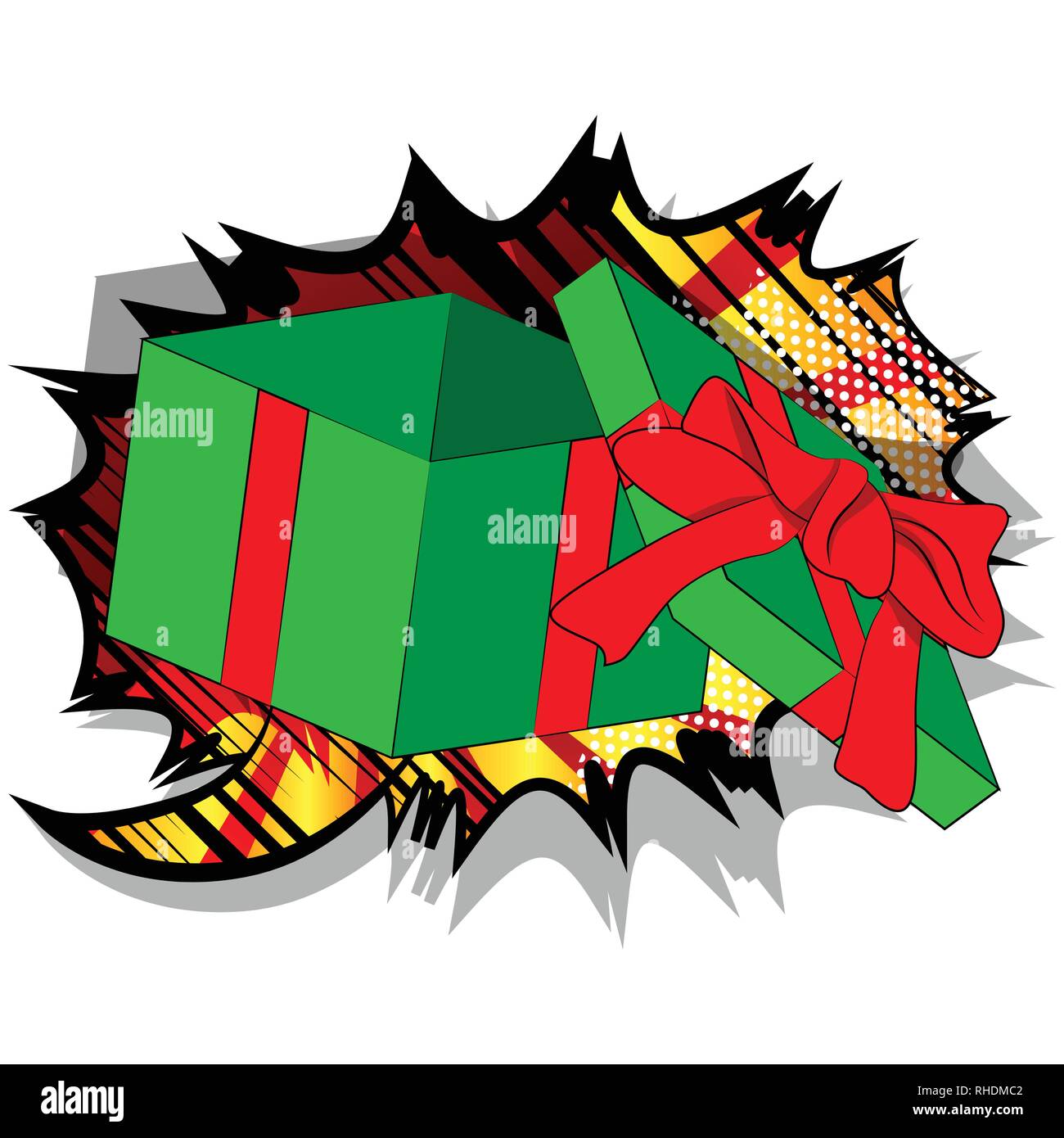Vector cartoon opened gift box. Illustrated holiday sign on comic book ...