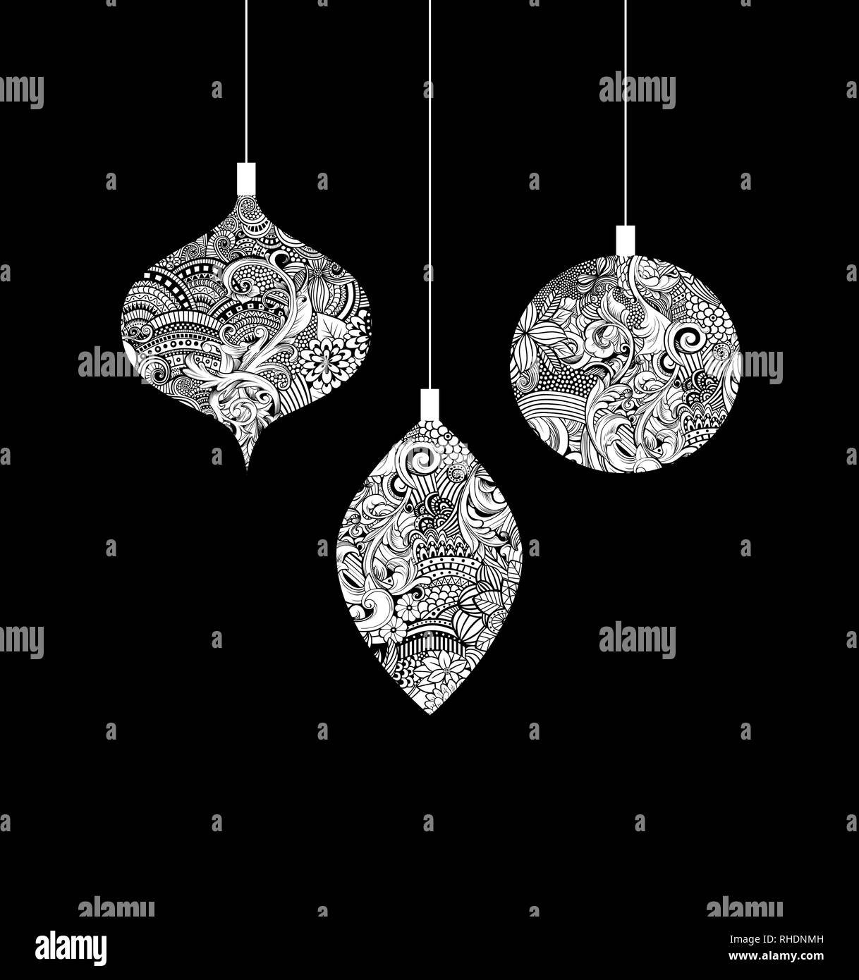 Ink drawing of three Christmas ornaments of intricate line work white ...