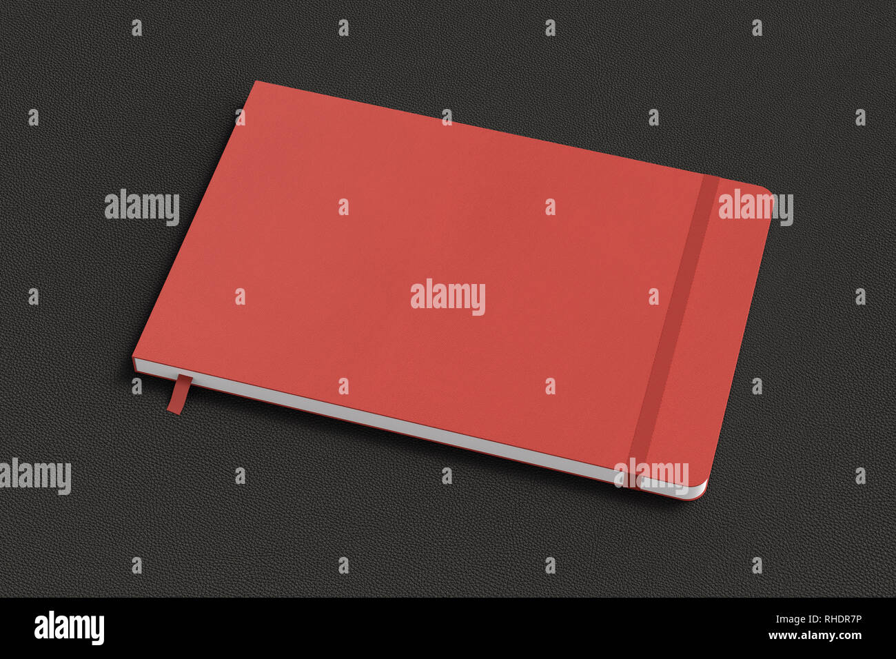 Red horizontal notebook with elastic band on black background. 3d ...