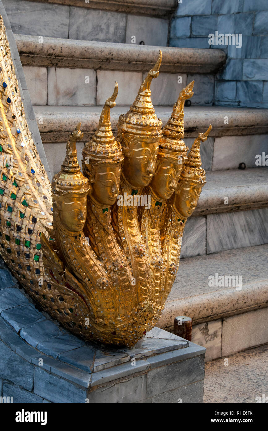 Bangkok Thailand, 5 head naga serpent on staircase at Grand Palace Wat ...