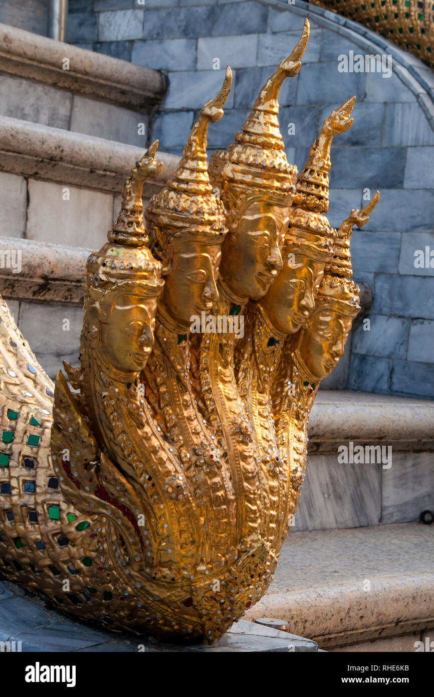 Bangkok Thailand, 5 head naga serpent on staircase at Grand Palace Wat ...