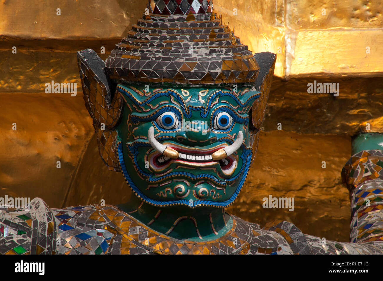 Bangkok Thailand, close-up of blue and green mask of a mirrored demon ...