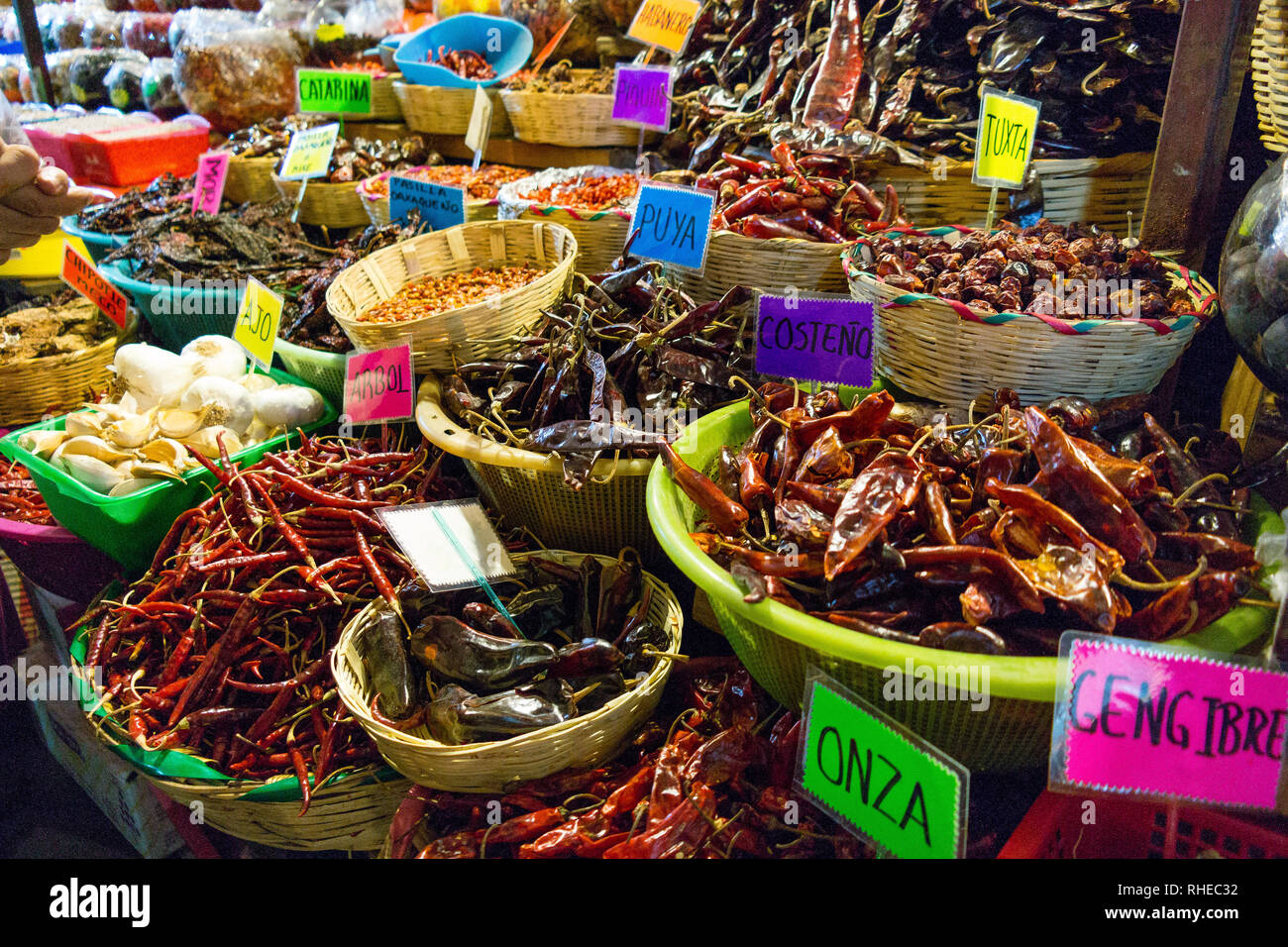 Different Chilli on traditional market in Mexico Stock Photo - Alamy