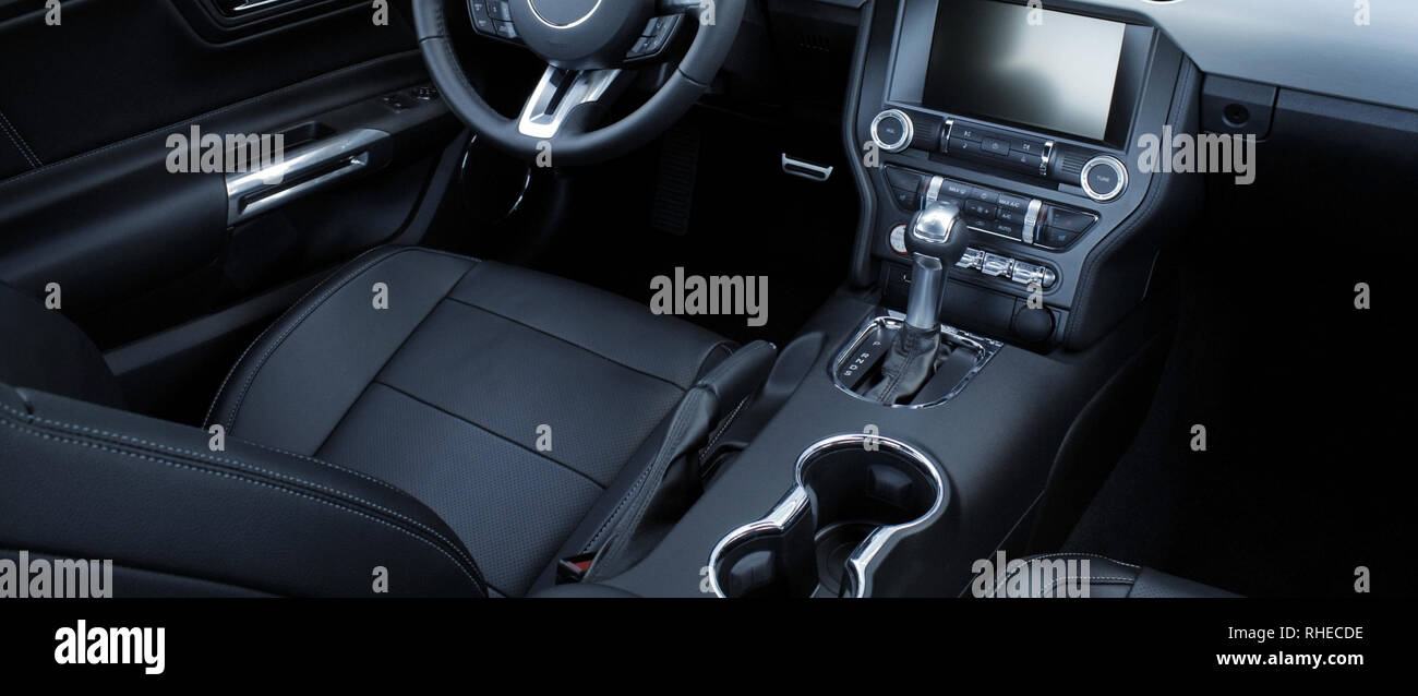 Steering wheel, head display and controls on dashboard in vehicle Stock ...