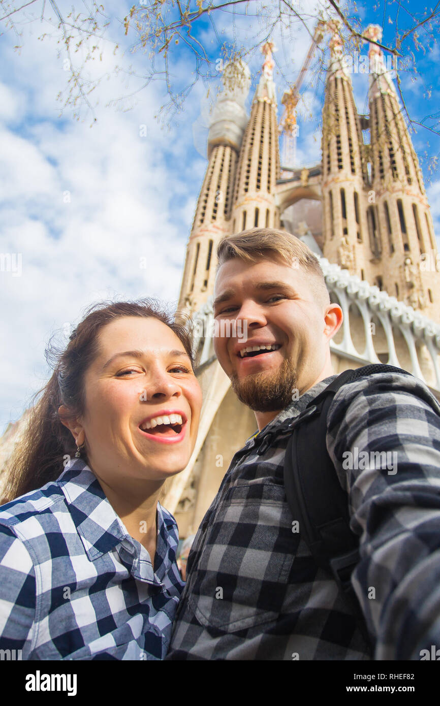 BARCELONA, SPAIN - FEBRUARY 6, 2018: Happy couple making selfie photo ...