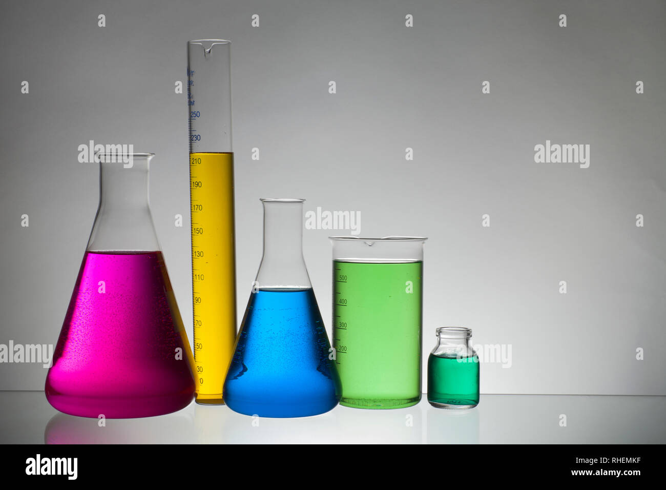 Liquid in laboratory bottles. Scientific biochemical laboratory ...