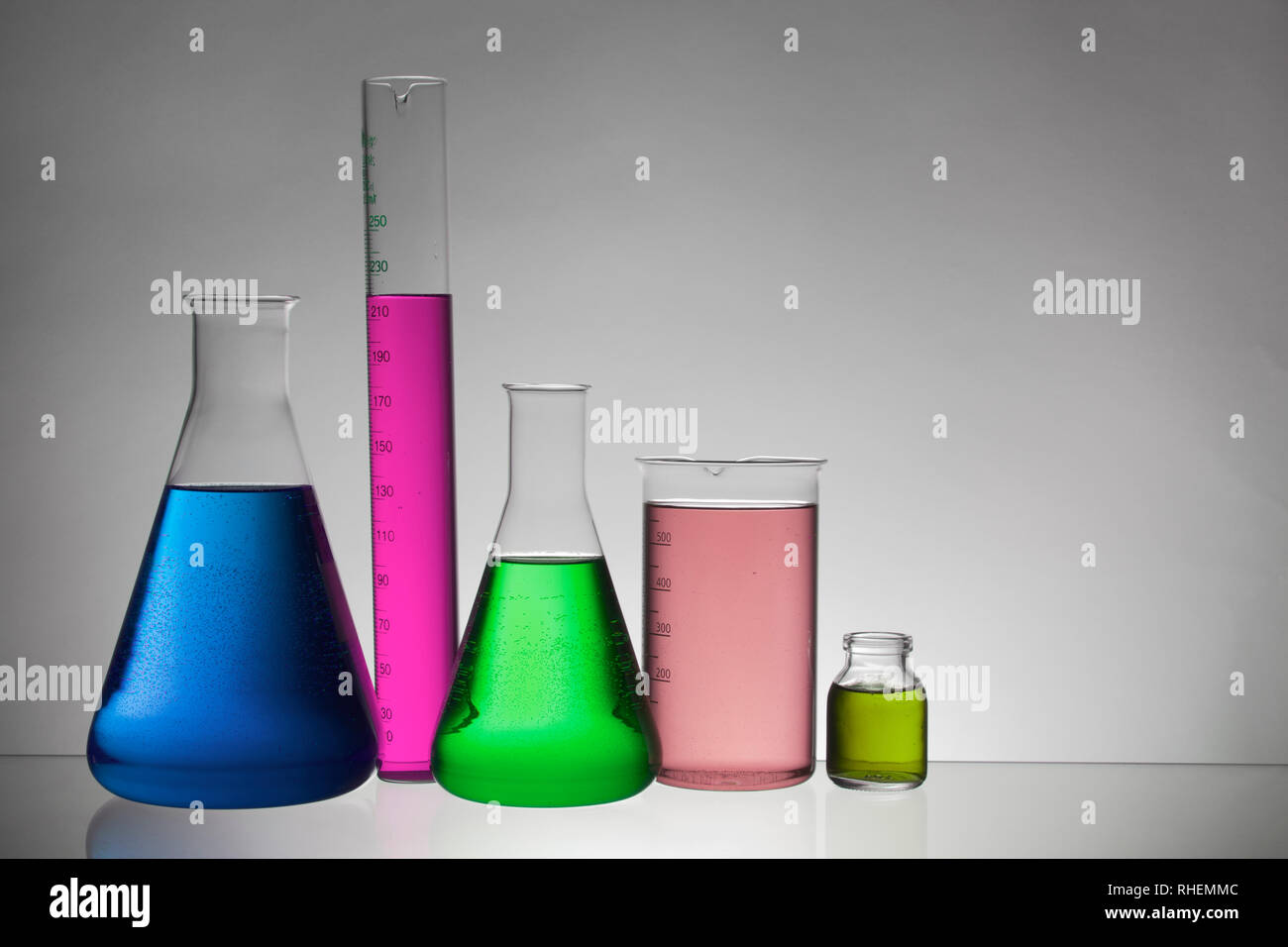 Liquid in laboratory bottles. Scientific biochemical laboratory ...