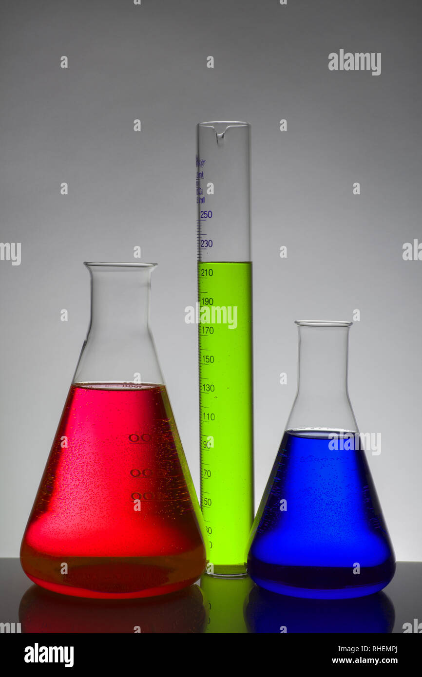 Liquid in laboratory bottles. Scientific biochemical laboratory ...