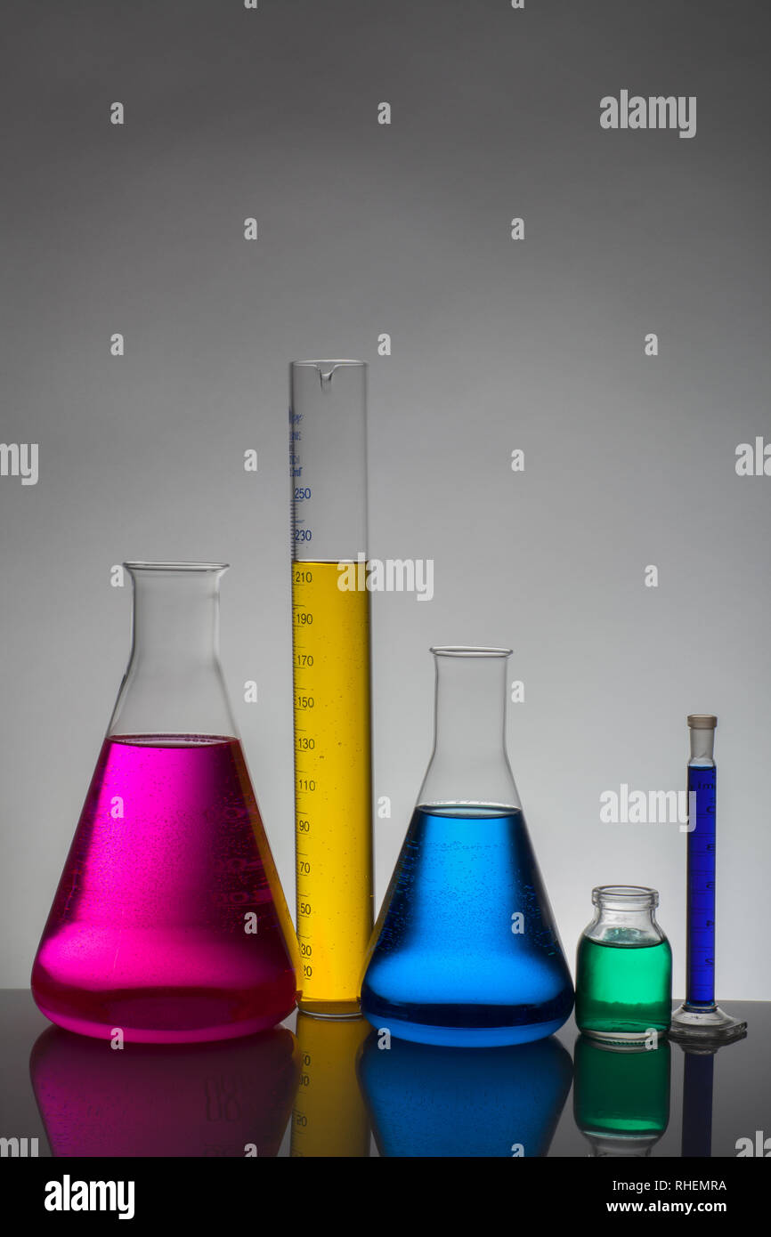 Liquid in laboratory bottles. Scientific biochemical laboratory ...