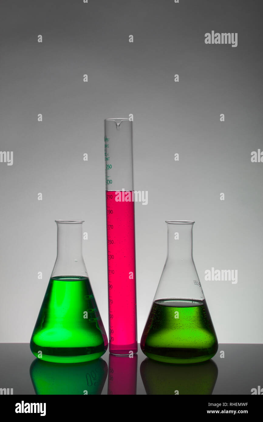 Liquid in laboratory bottles. Scientific biochemical laboratory ...