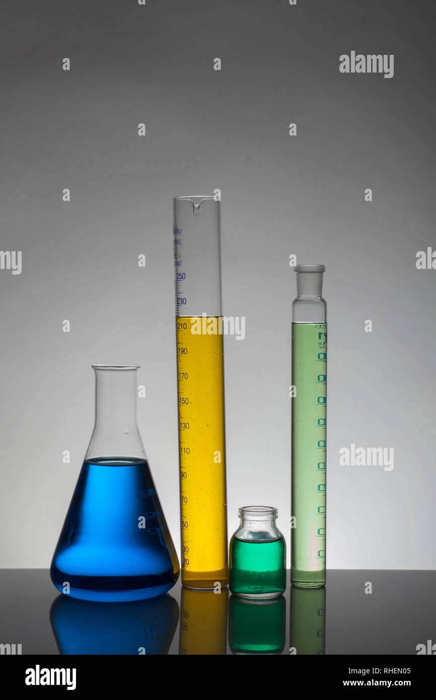 Liquid in laboratory bottles. Scientific biochemical laboratory ...