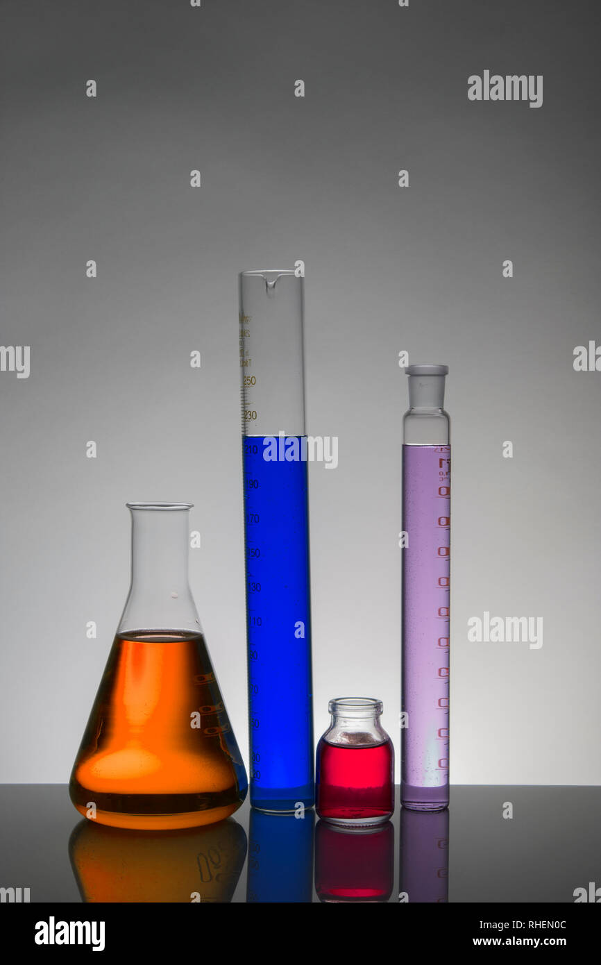 Liquid in laboratory bottles. Scientific biochemical laboratory ...