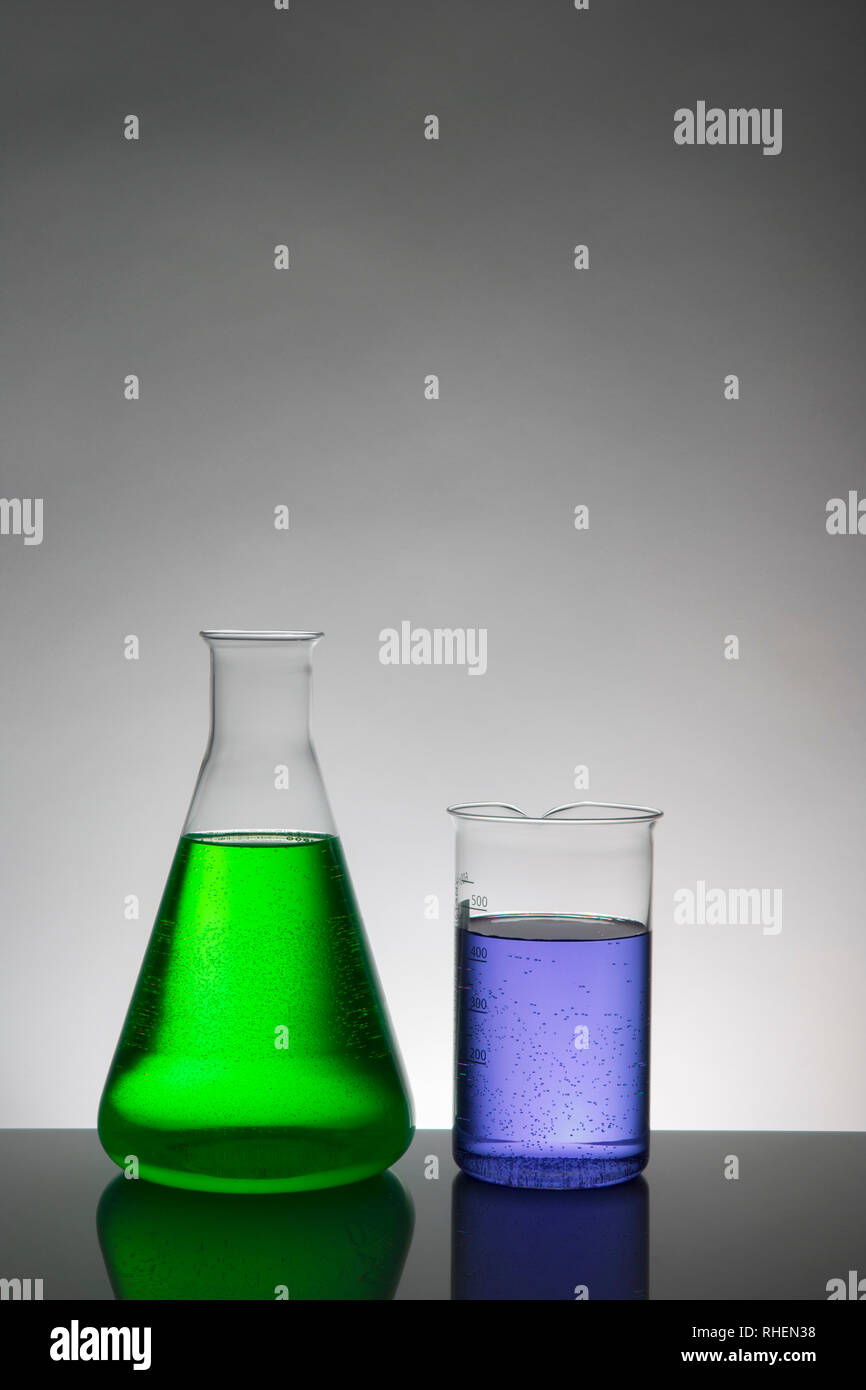 Liquid in laboratory bottles. Scientific biochemical laboratory ...