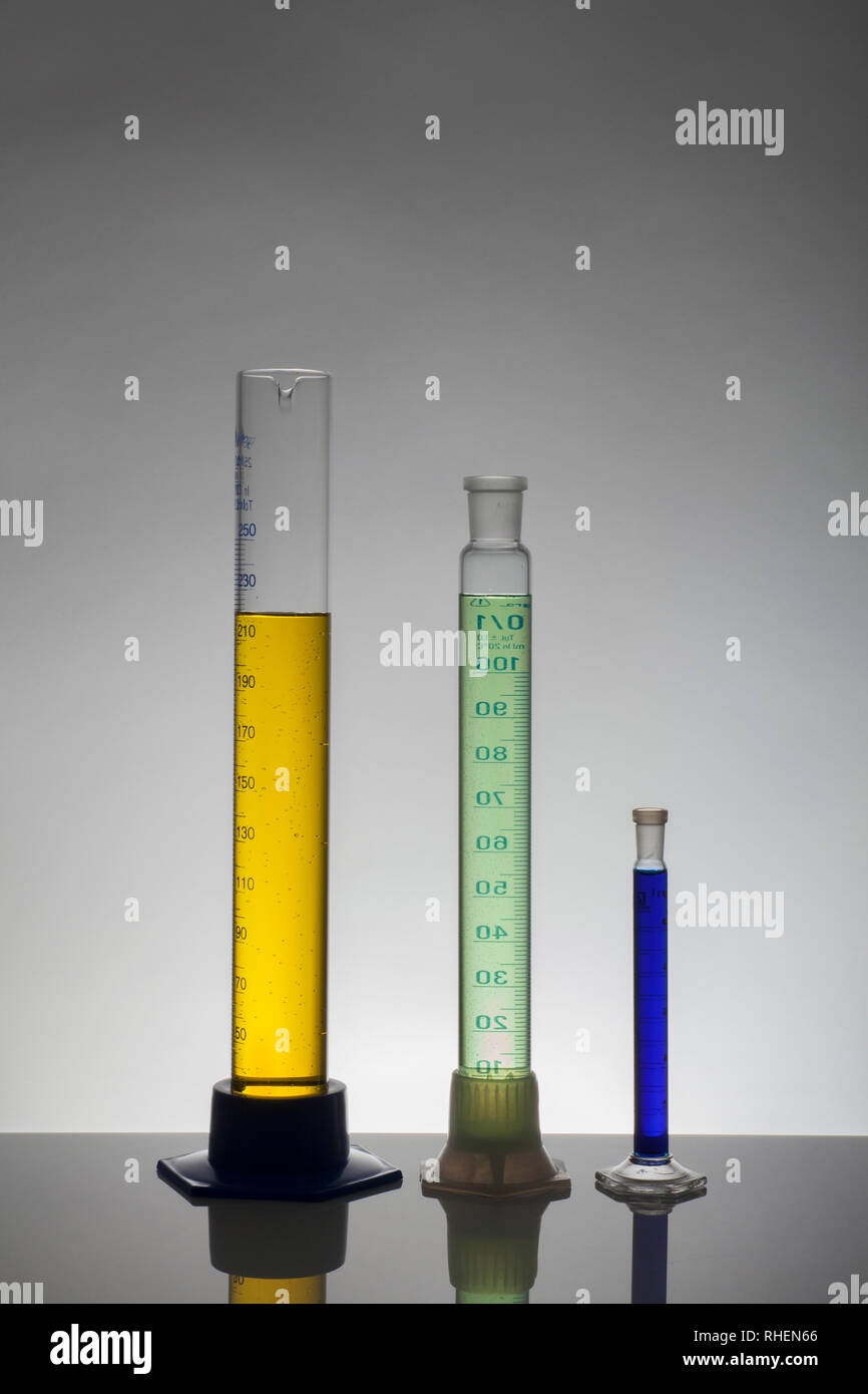 Liquid in laboratory bottles. Scientific biochemical laboratory ...