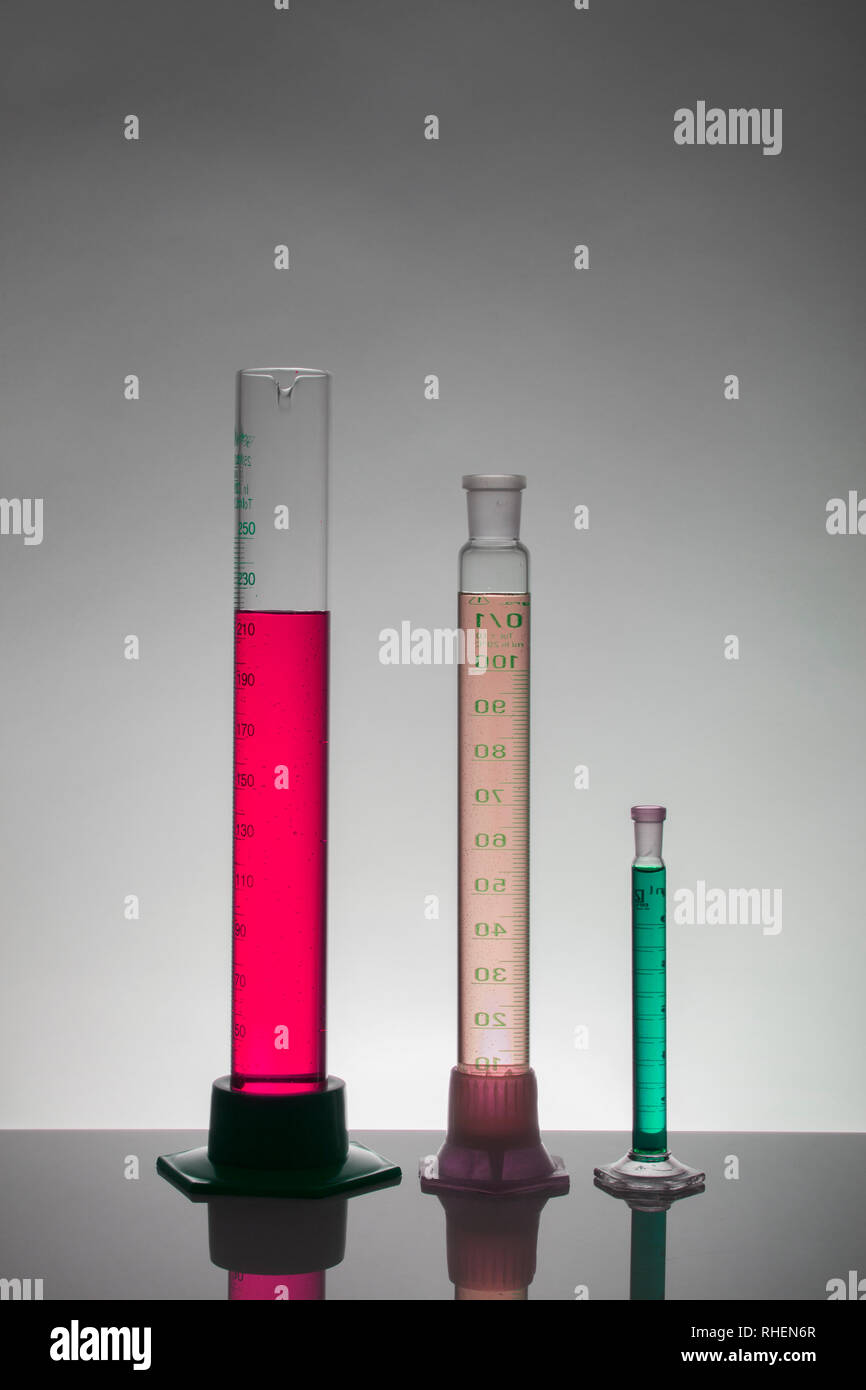 Liquid in laboratory bottles. Scientific biochemical laboratory ...