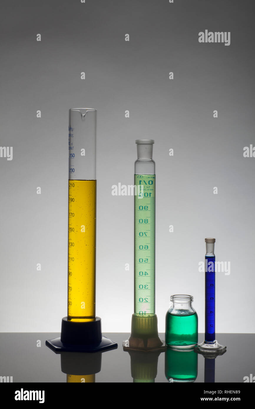 Liquid in laboratory bottles. Scientific biochemical laboratory ...