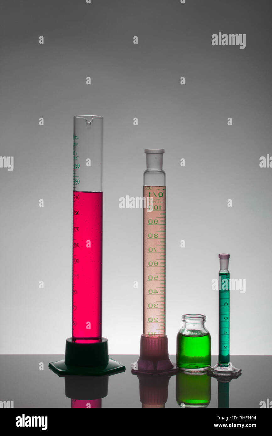 Liquid in laboratory bottles. Scientific biochemical laboratory ...