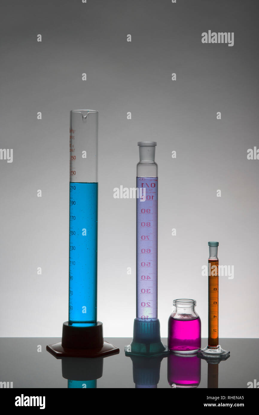 Liquid in laboratory bottles. Scientific biochemical laboratory ...