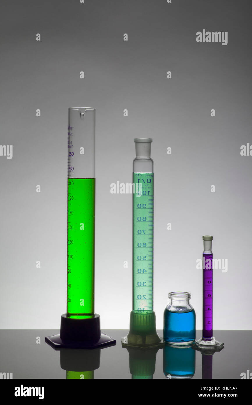 Liquid in laboratory bottles. Scientific biochemical laboratory ...