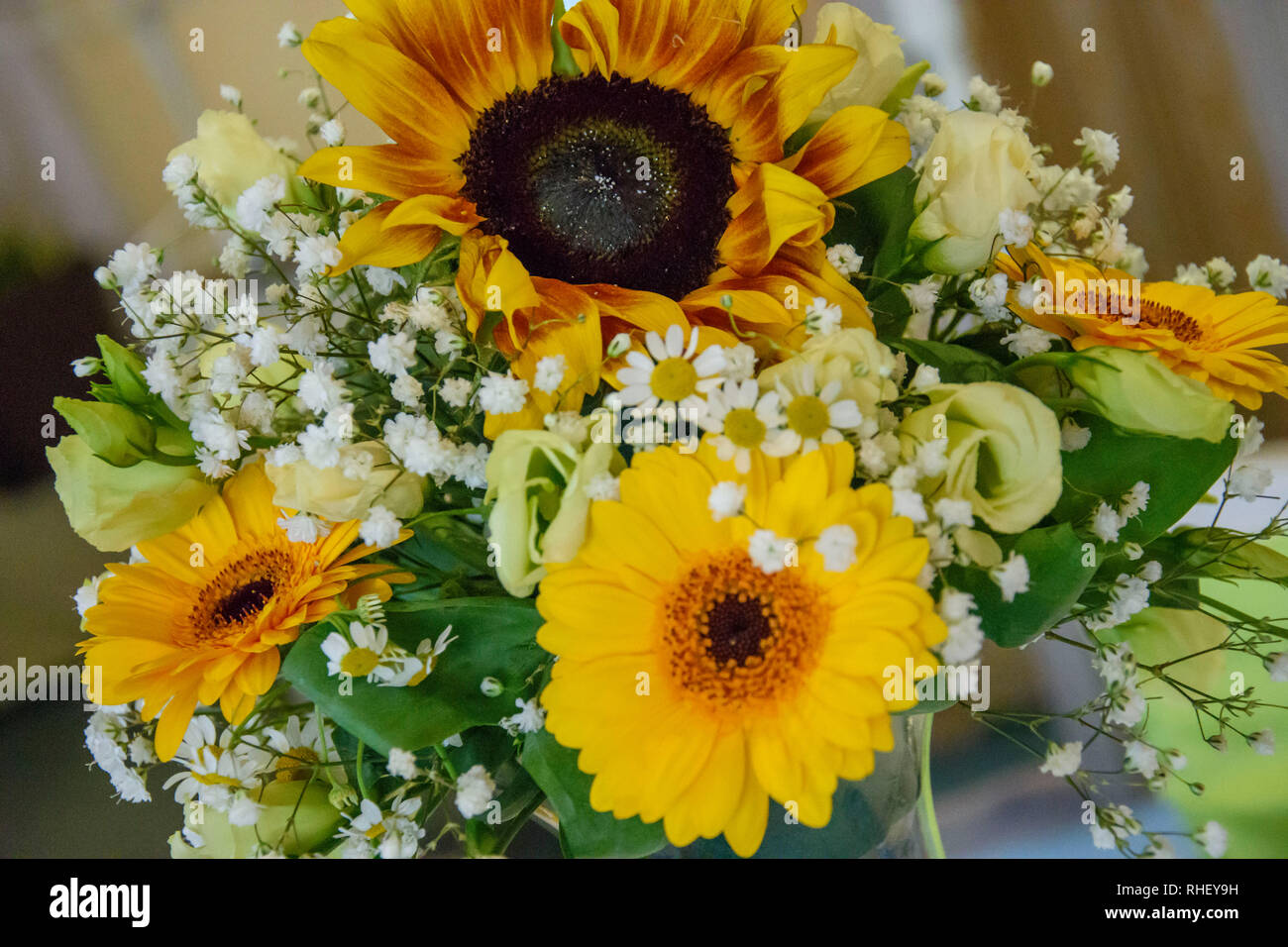 Bunch of flowers with gerbera daisy and sunflowers Stock Photo - Alamy
