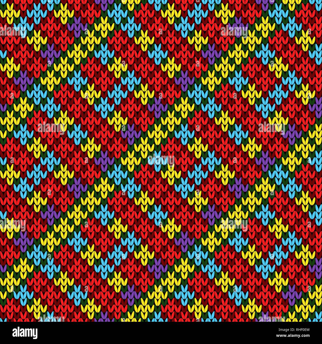 Knitted seamless pattern with bright red, blue yellow red colors ...