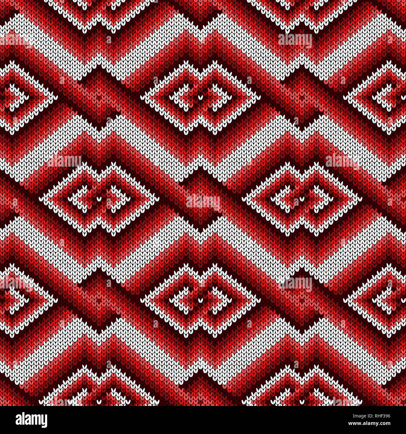 Knitted seamless decorative pattern with interlacing lines in red hues ...