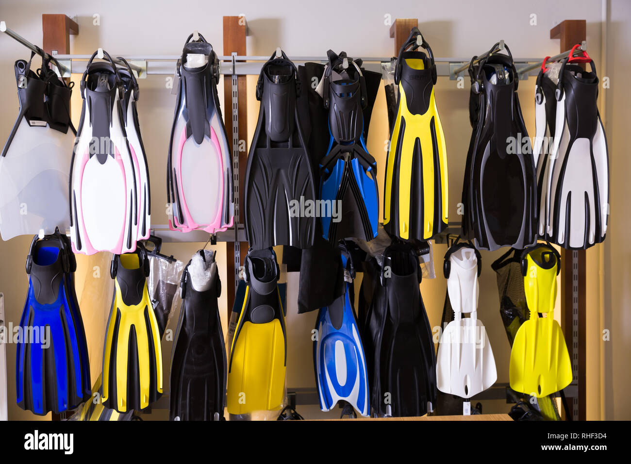 Image of the variety flippers in the diving store indoors Stock Photo ...