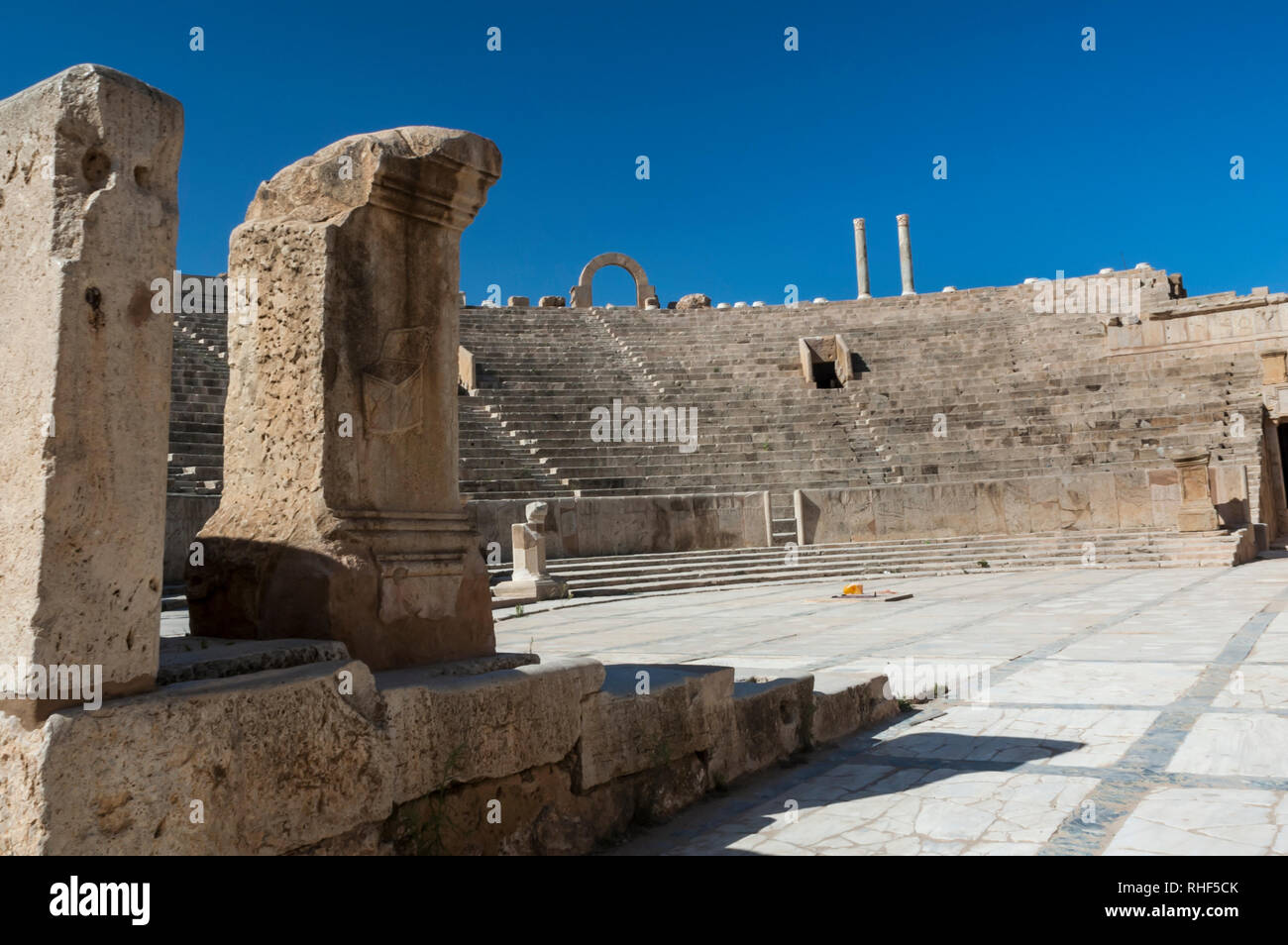 Archaeological site of Leptis Magna, Libya - 10/30/2006: The Ruins of the theater in the ancient ...