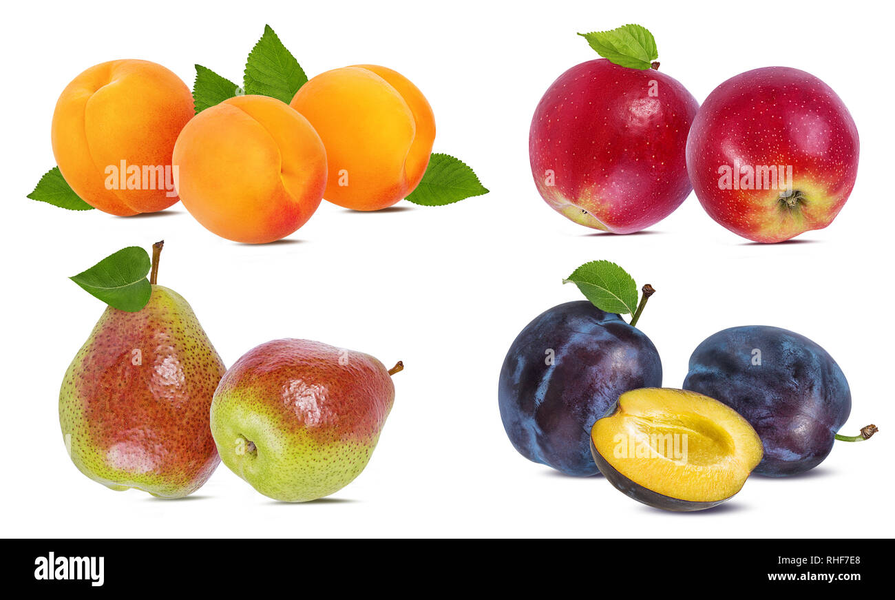 Apples, pears, apricots and plums isolated on white background Stock ...