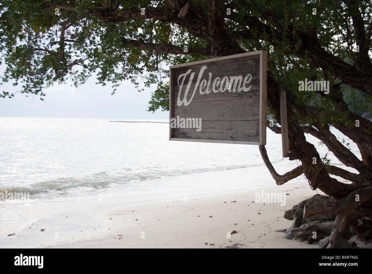 Wooden plank board with a word "Welcome" on a tropical island beach ...