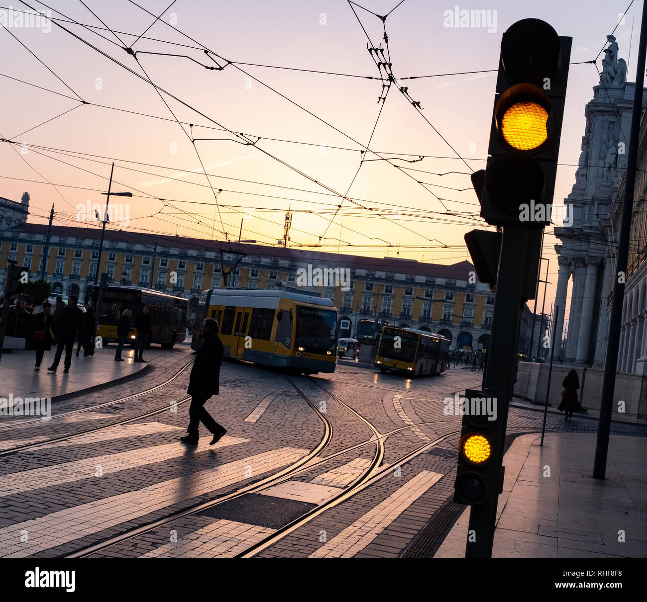 Traffic Lights Amber Bus Signal tram lines zebra crossing street scene ...