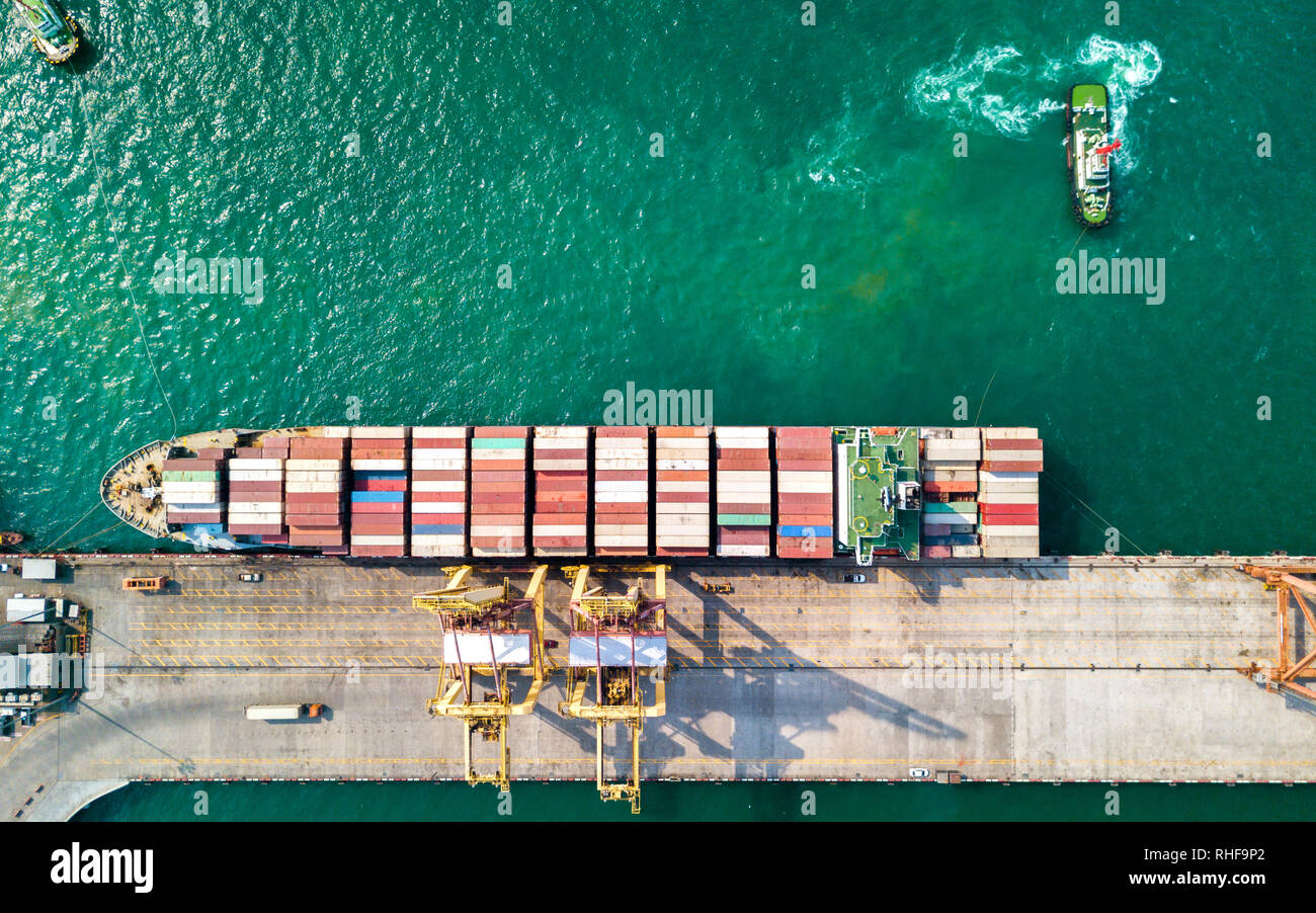 Aerial view of container ship in import - export business industry in ...