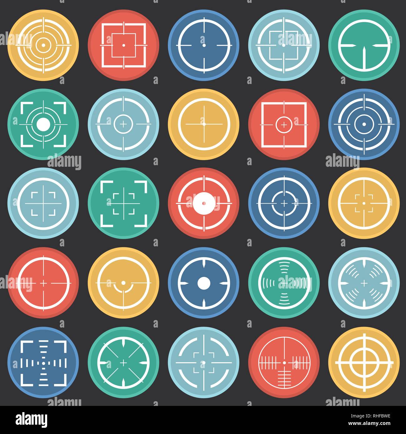 Target icon set on color circles black background for graphic and web ...