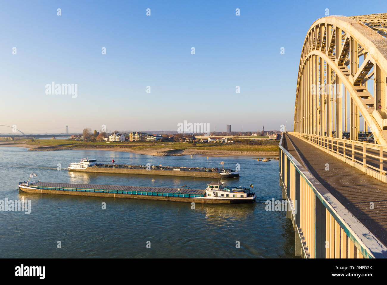 Nijmegen, the Netherlands - November 16 2018: cargo river barges ...
