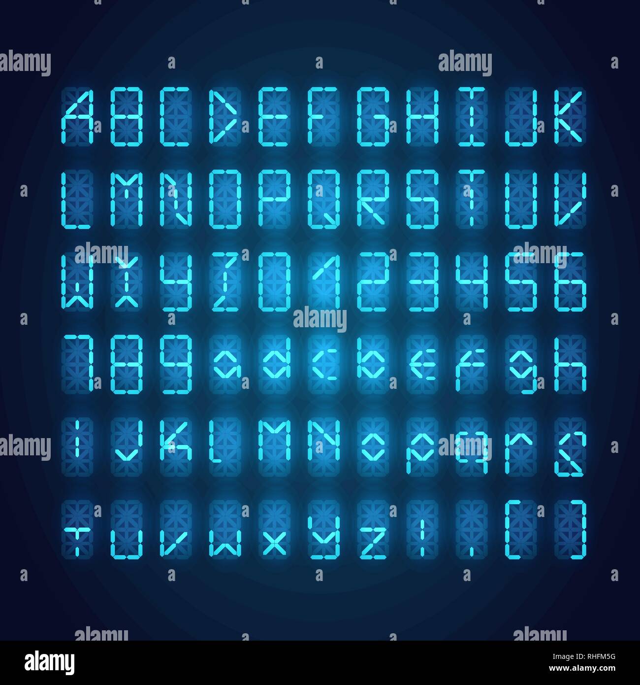 Set of bright blue digital retro clock font on dark background Stock ...