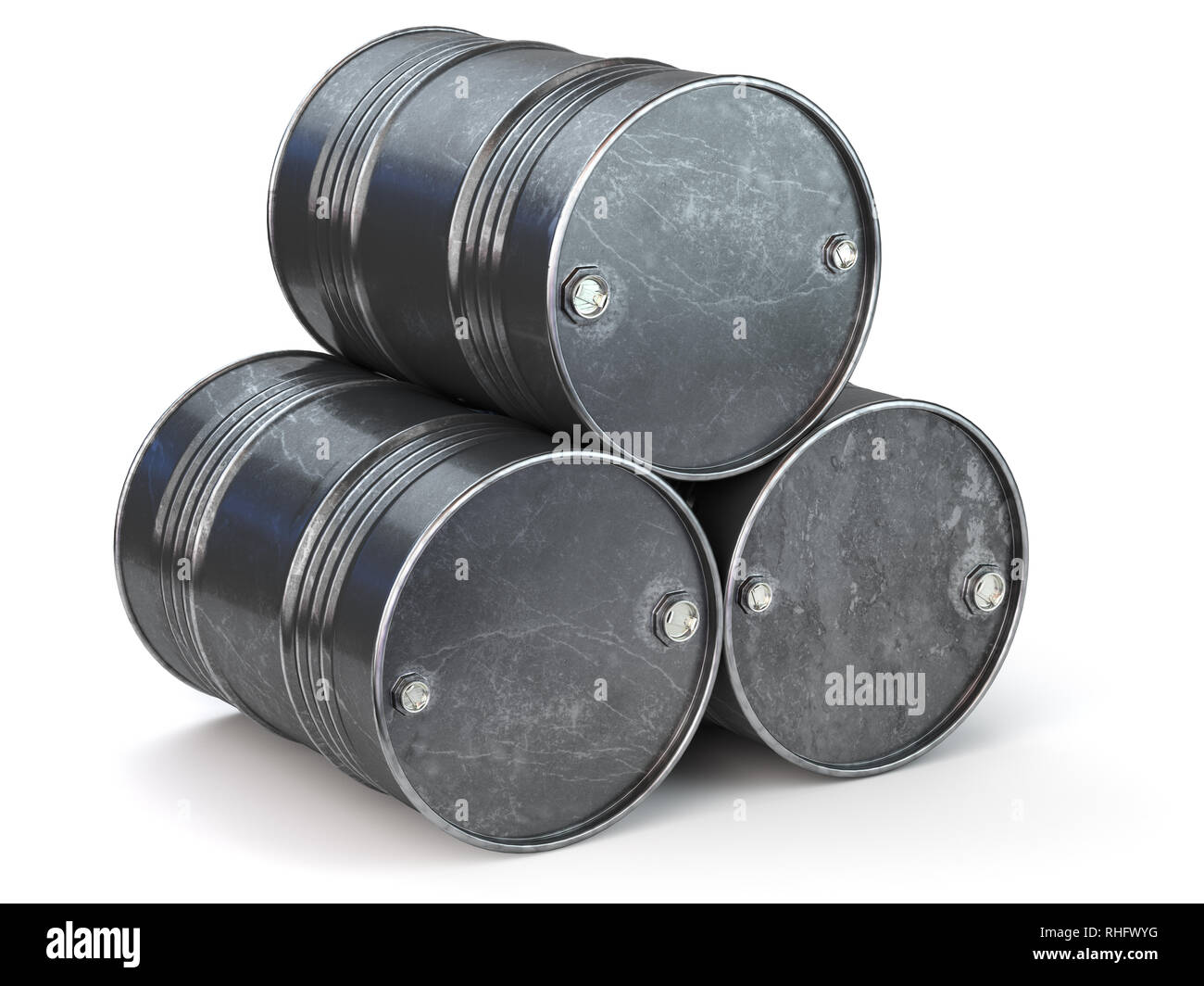Black metal oil barrels isolated on white background. Oil and petroleum ...