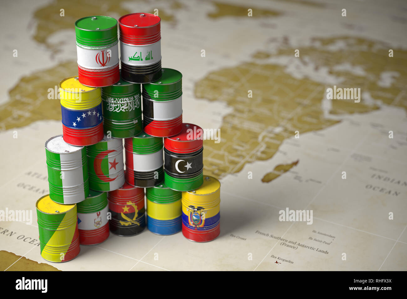 OPEC concept. Oil barrels in color of flags of countries memebers of ...