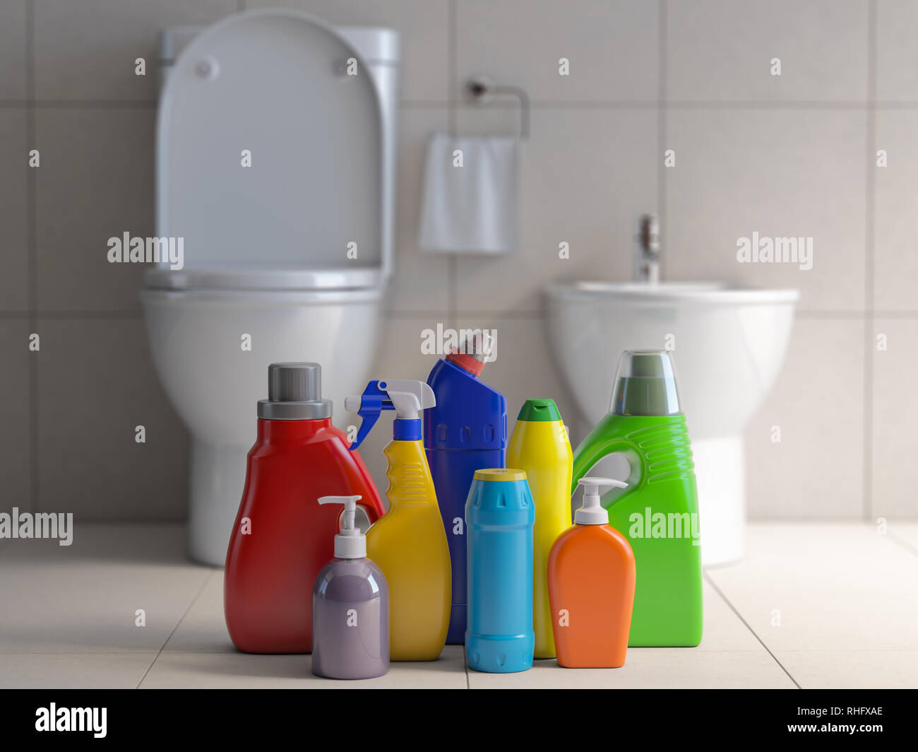 Detergent bottles and containers. Cleaning supplies in wc bathroom ...