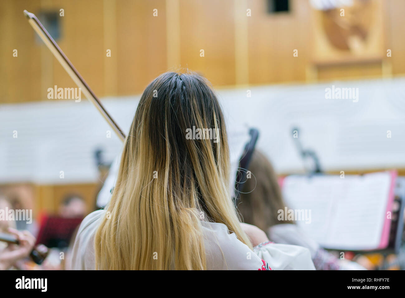 violin ensemble on stage Stock Photo - Alamy