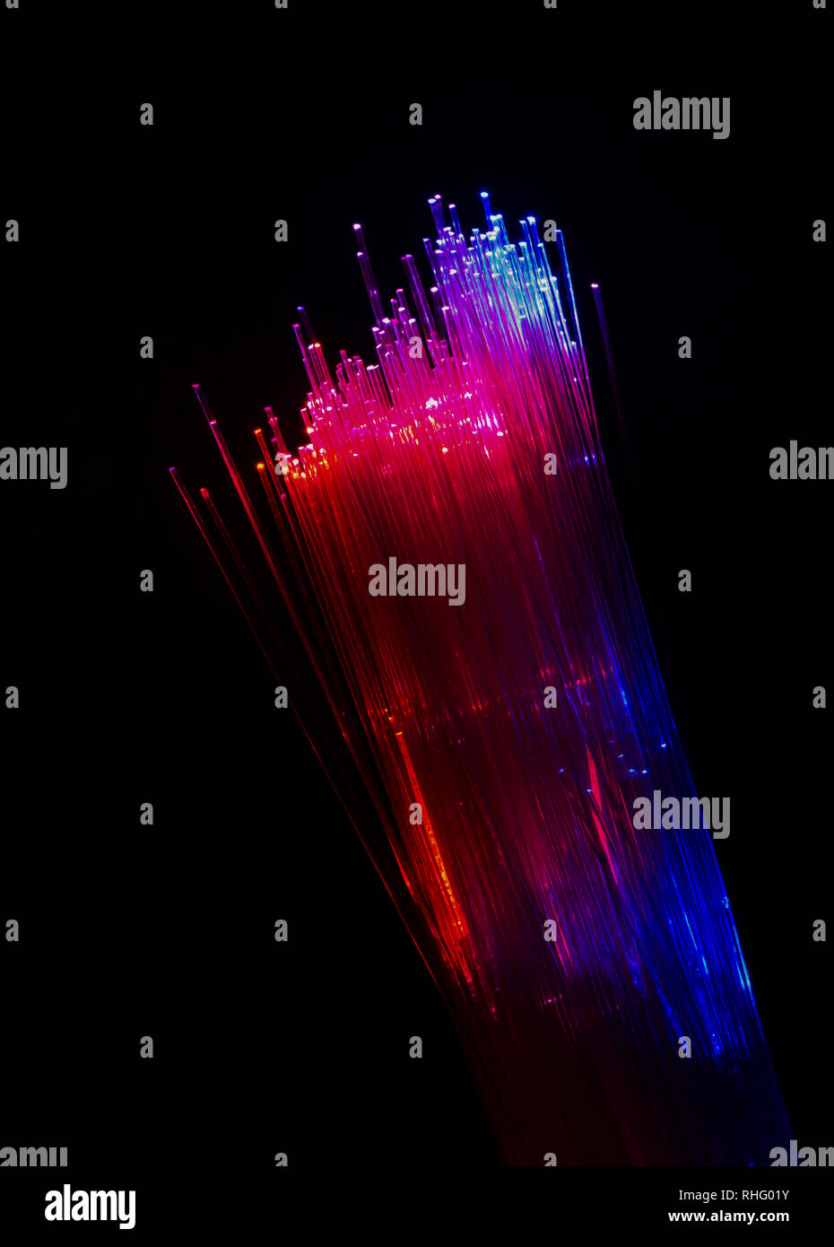 Colourful optic fibers illuminated on dark background. High speed ...