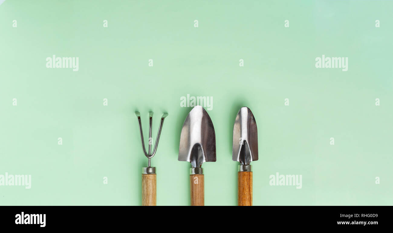 Collection of gardening, trowel, spade and rake on a green background ...