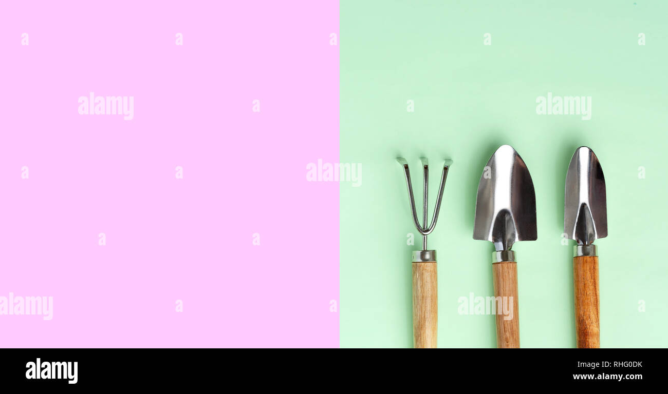 Collection of gardening, trowel, spade and rake on a green and pink ...