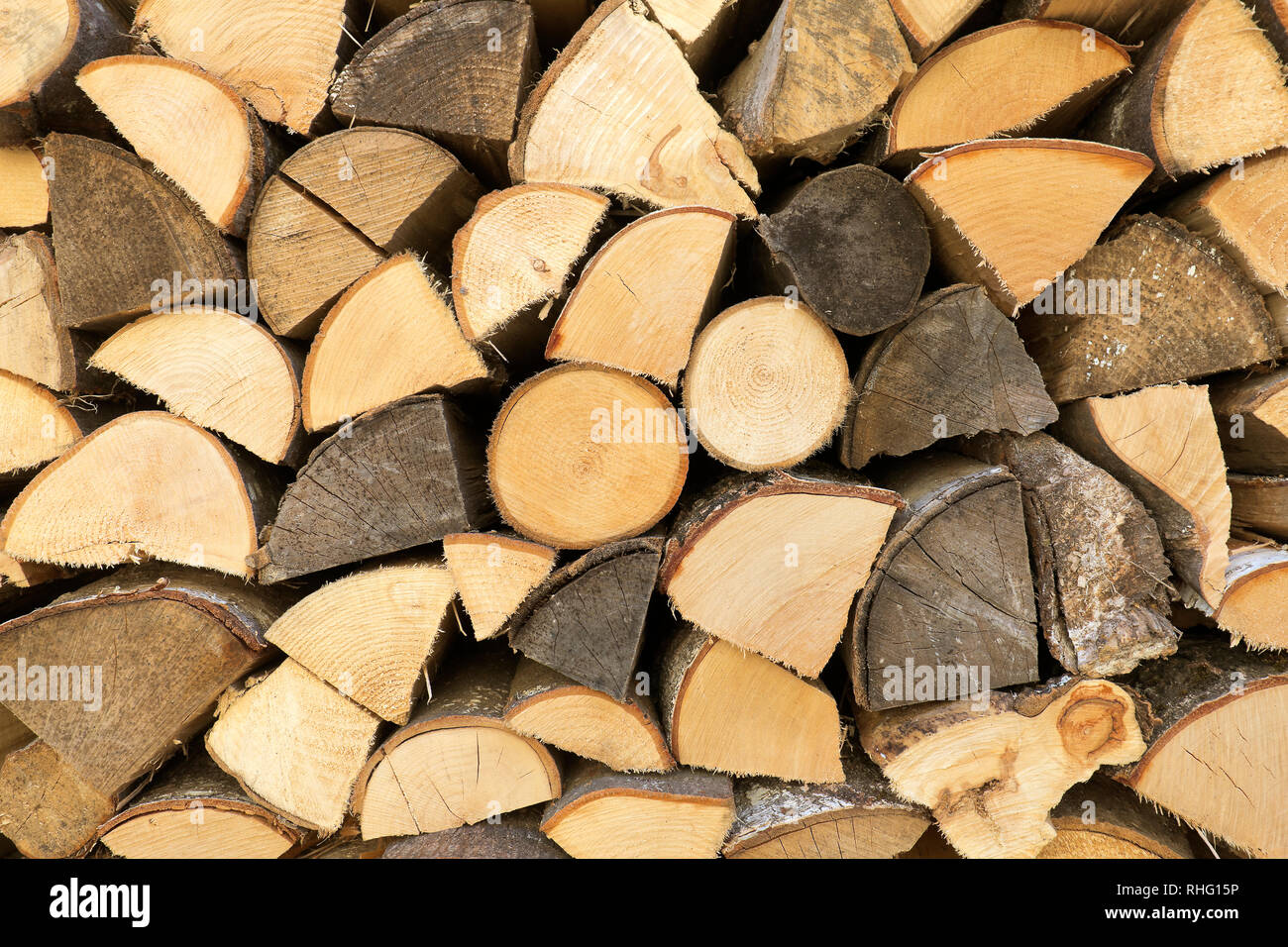 Wooden logs arranged in a wood of a Swiss village. Horizontal shot with ...