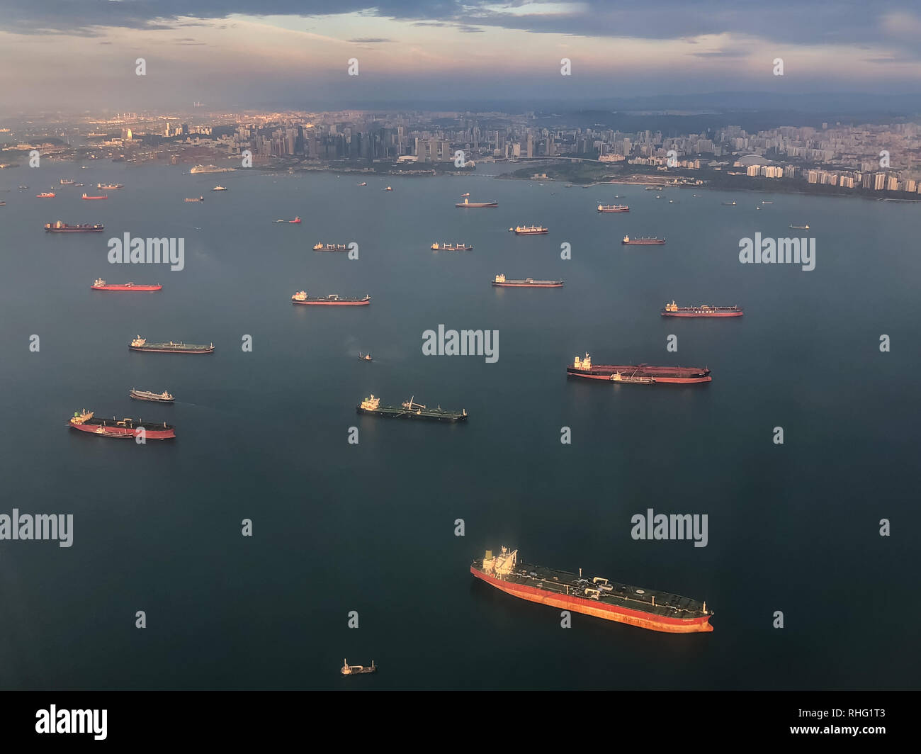 Aerial view of lots of cargo ships moored in Singapore harbor Stock ...