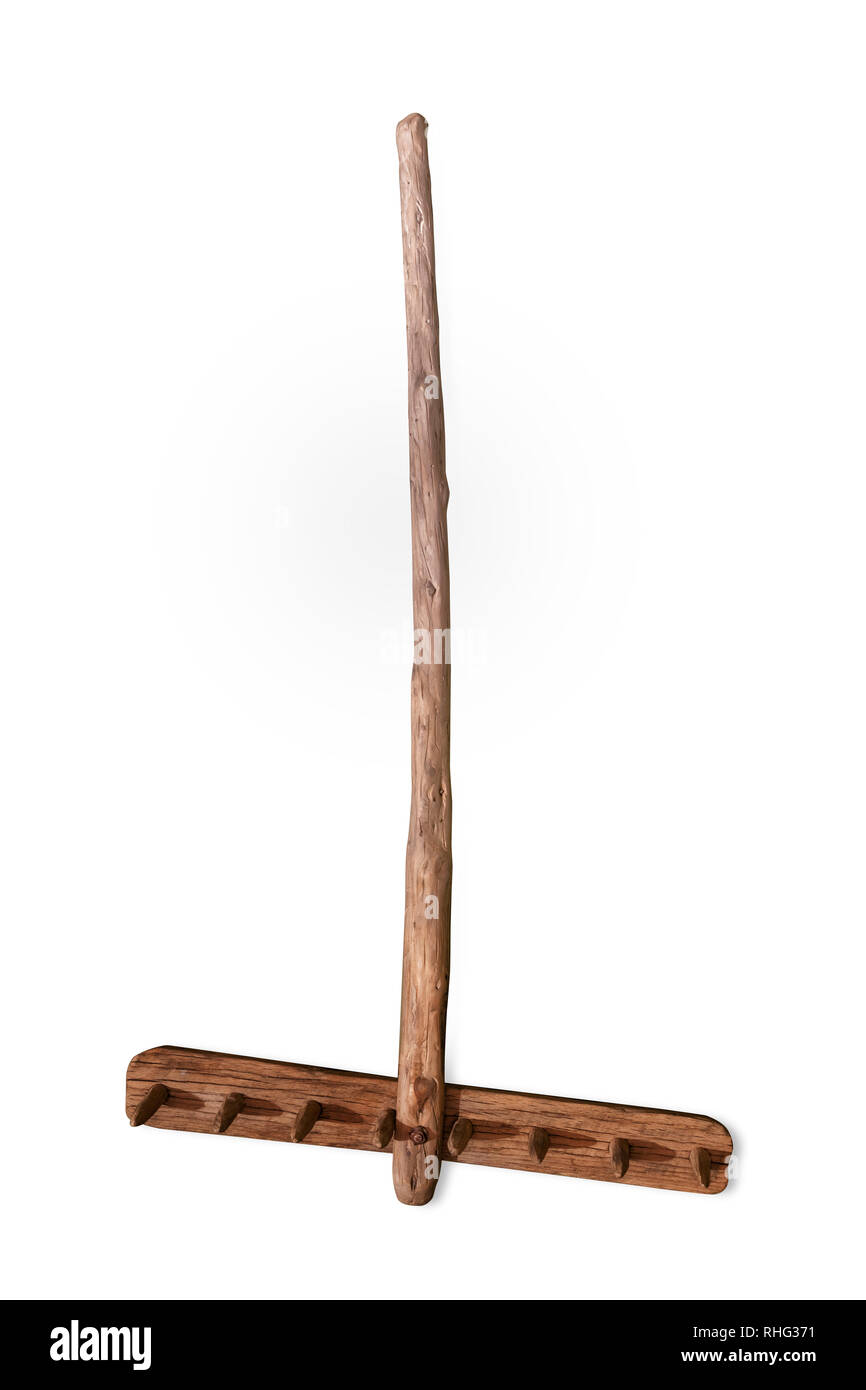 Native American farming tool, wooden rake, isolated on white background ...