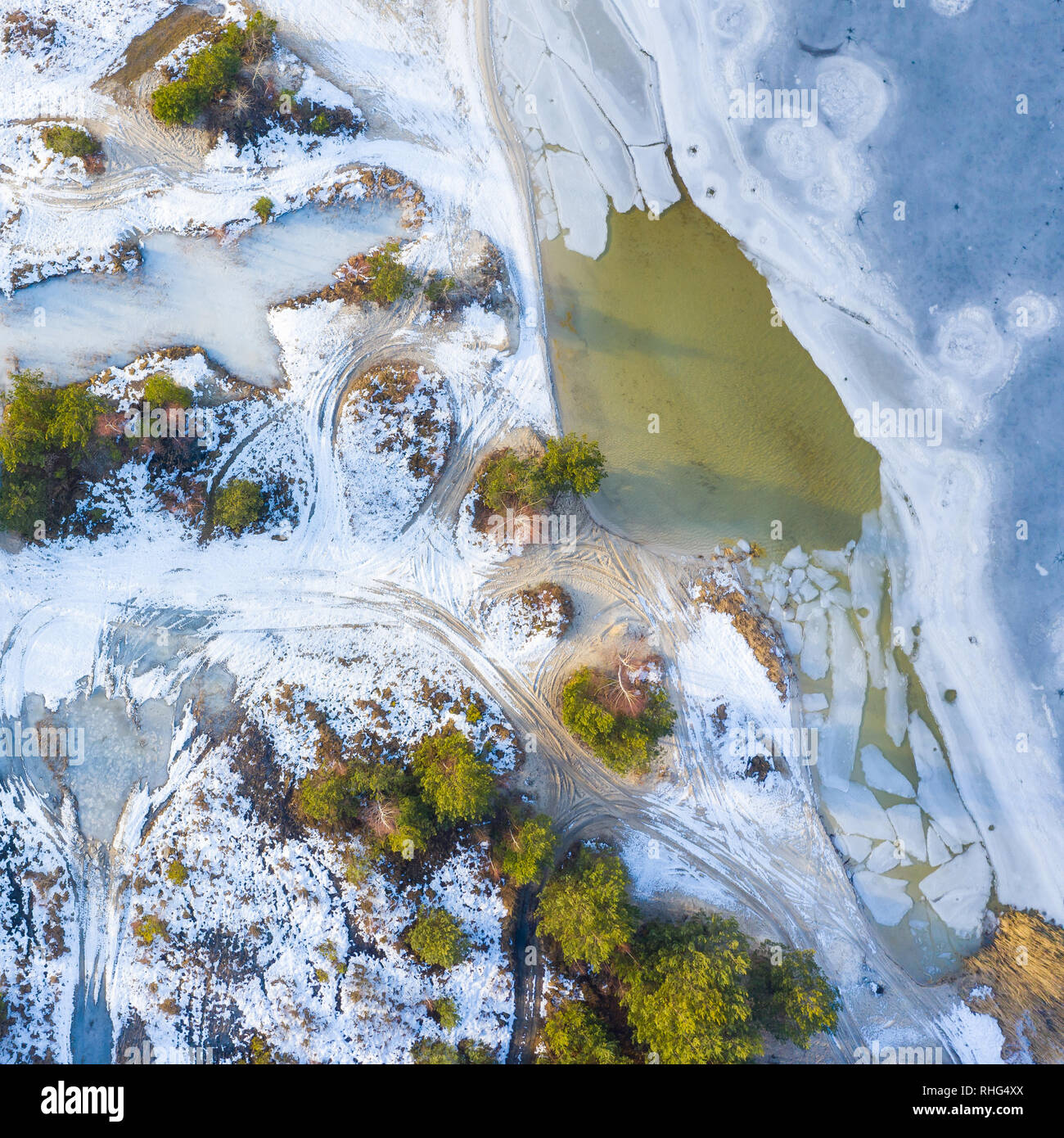 Aerial view of frozen lake. Winter scenery. Landscape photo captured ...