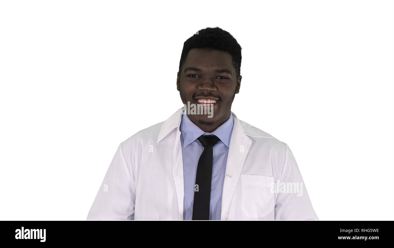 Afro-American Doctor Talking To Camera on white background Stock Photo ...