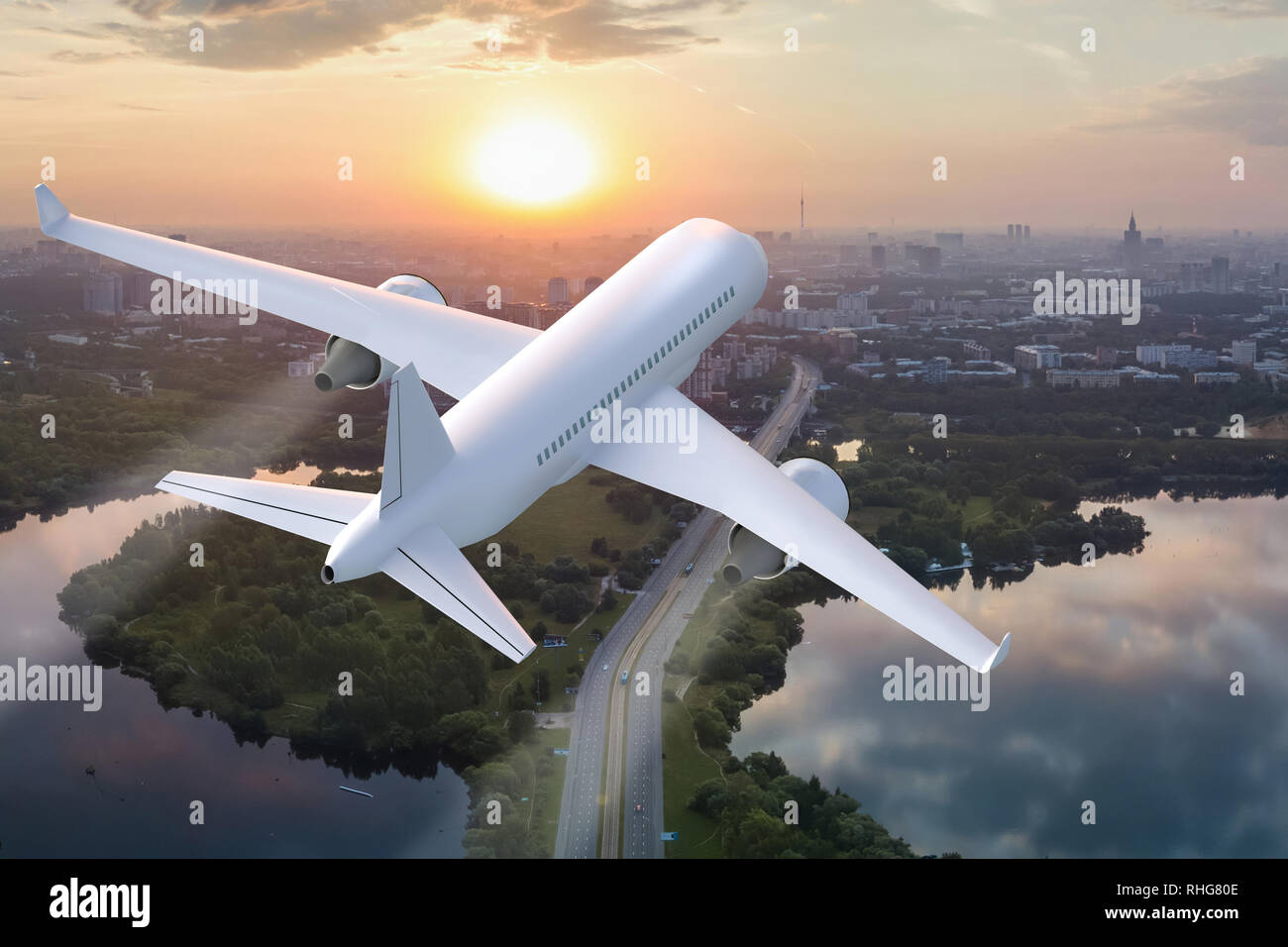 Plane taking off on the background of the city at sunset - 3d render ...