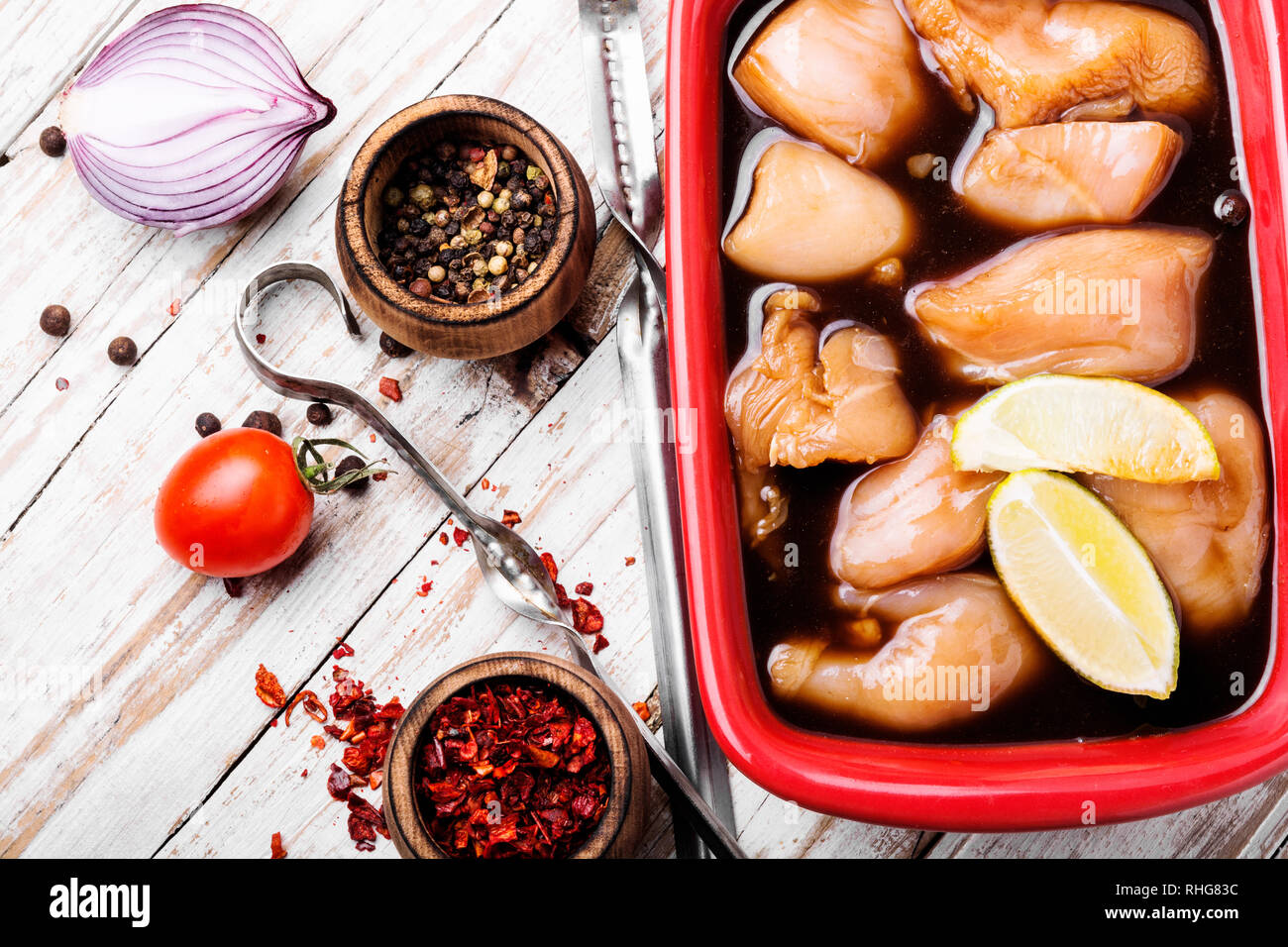 Raw meat cubes in a bowl with sauce.Barbecue sauce Stock Photo - Alamy